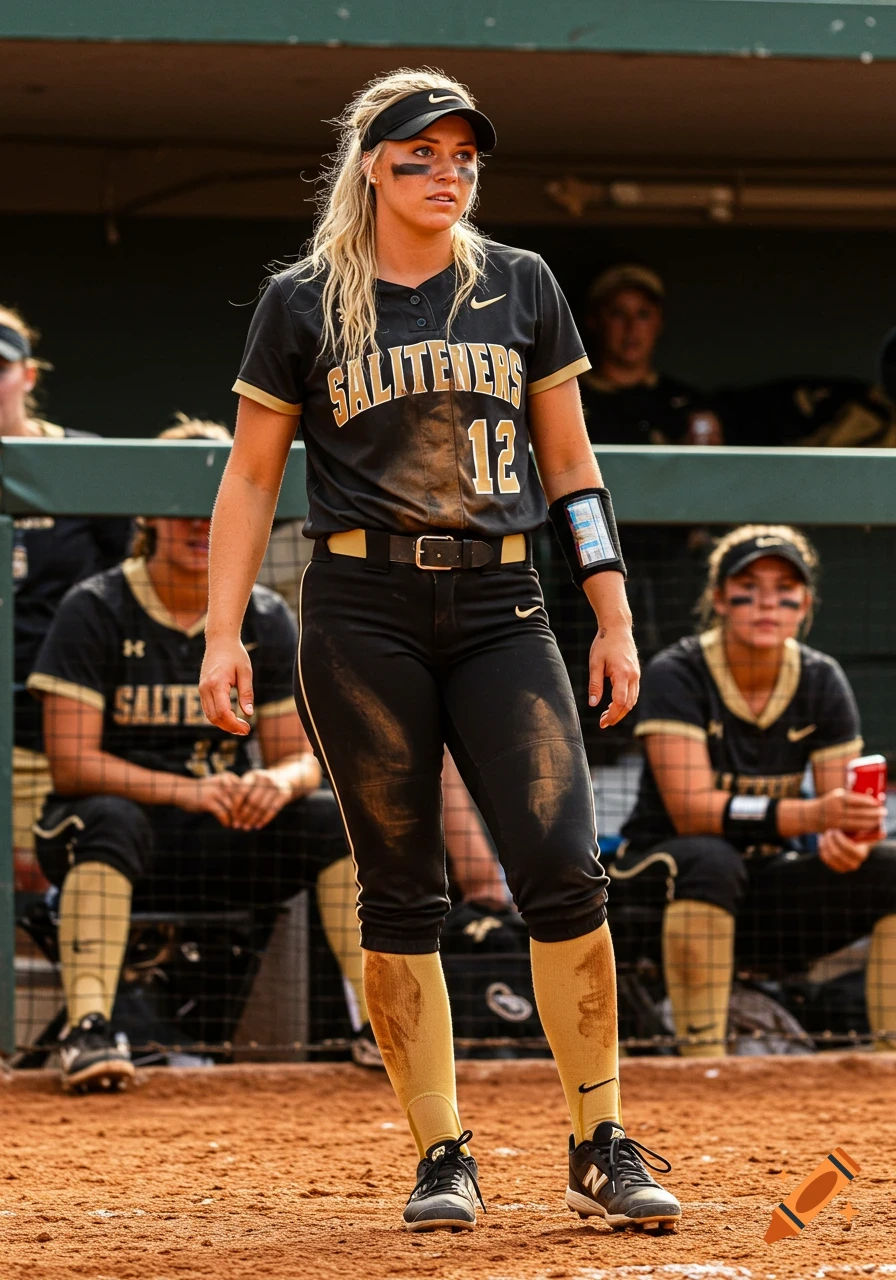 Blonde softball player in dirty black and gold uniform stands on field ...