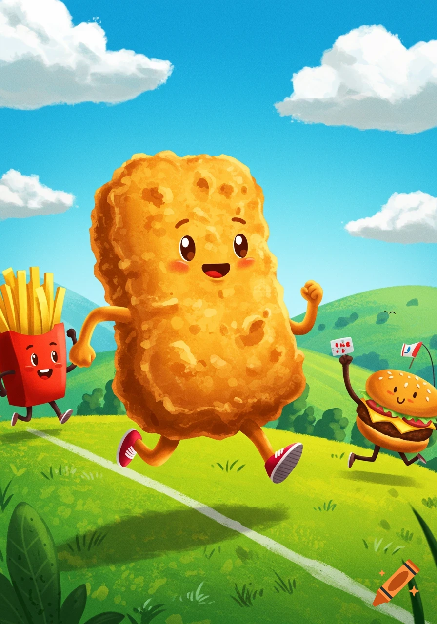 Cartoon chicken nugget runs a race on a grassy field with french fries and a burger following ...