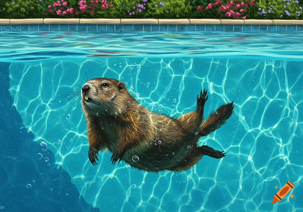 A detailed illustration of a groundhog swimming in a pool. on Craiyon
