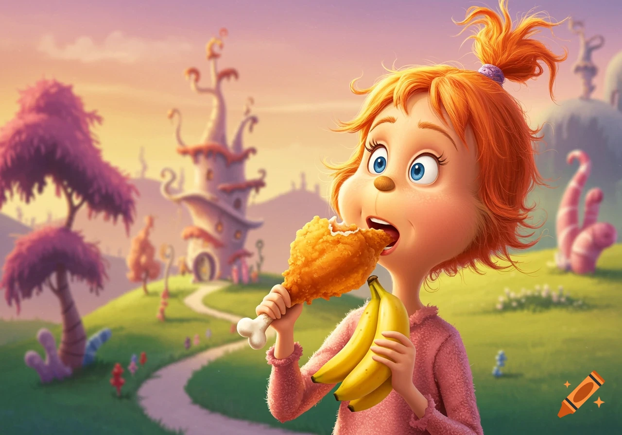 A cartoon character eating fried chicken and bananas in a whimsical ...