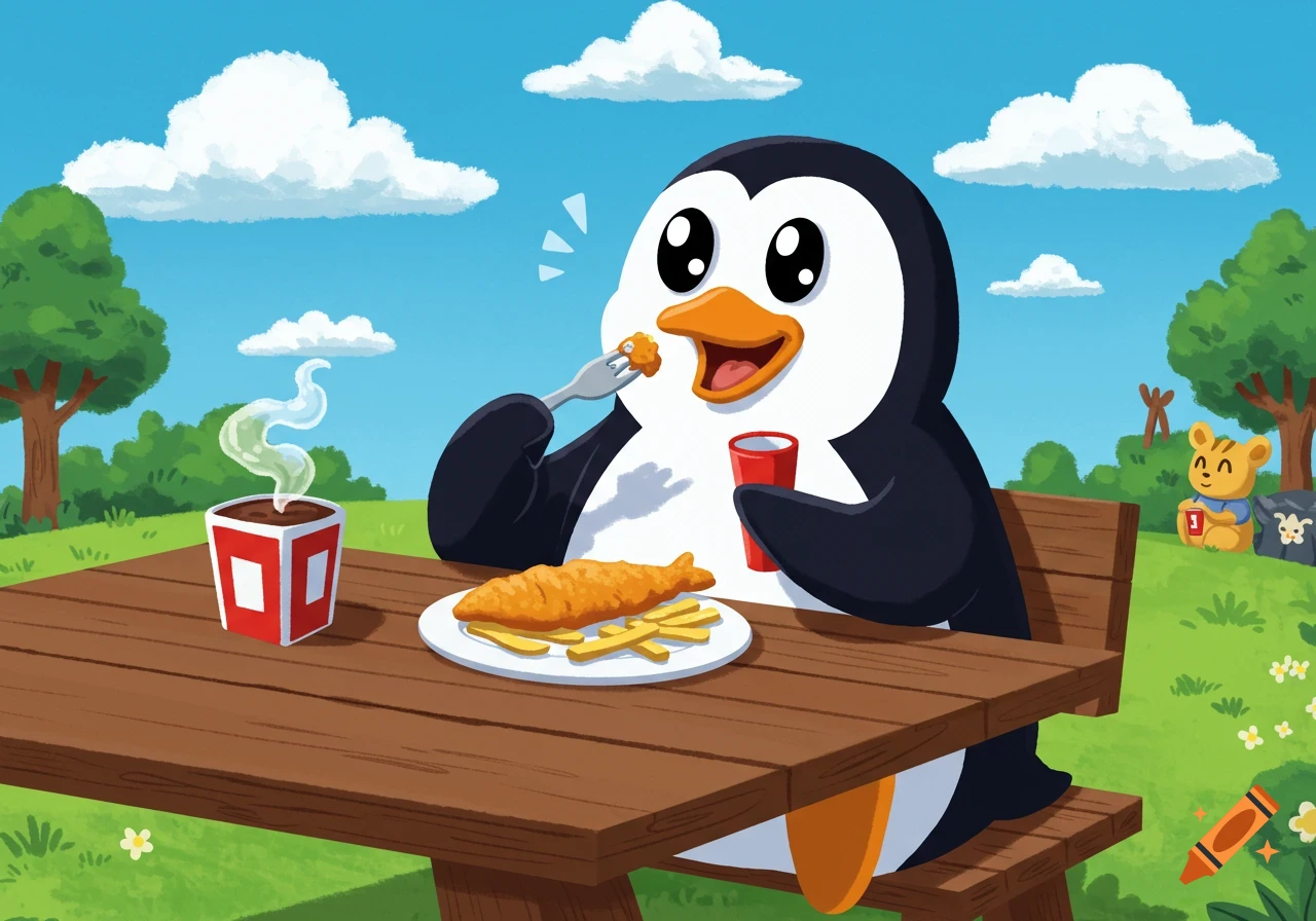 Cartoon penguin eating fish and chips at a picnic table. on Craiyon