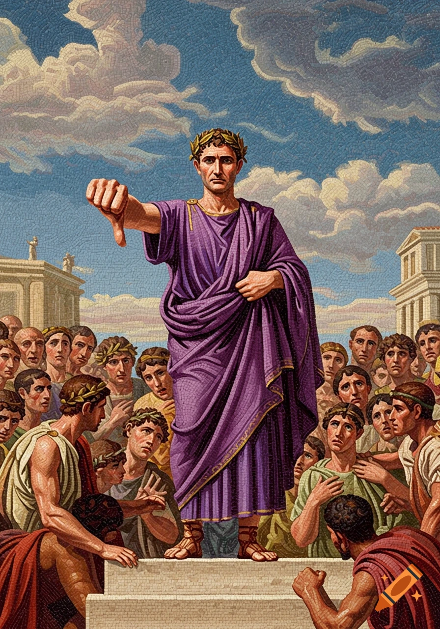 Roman emperor in purple toga gives thumbs down to crowd, mosaic style ...