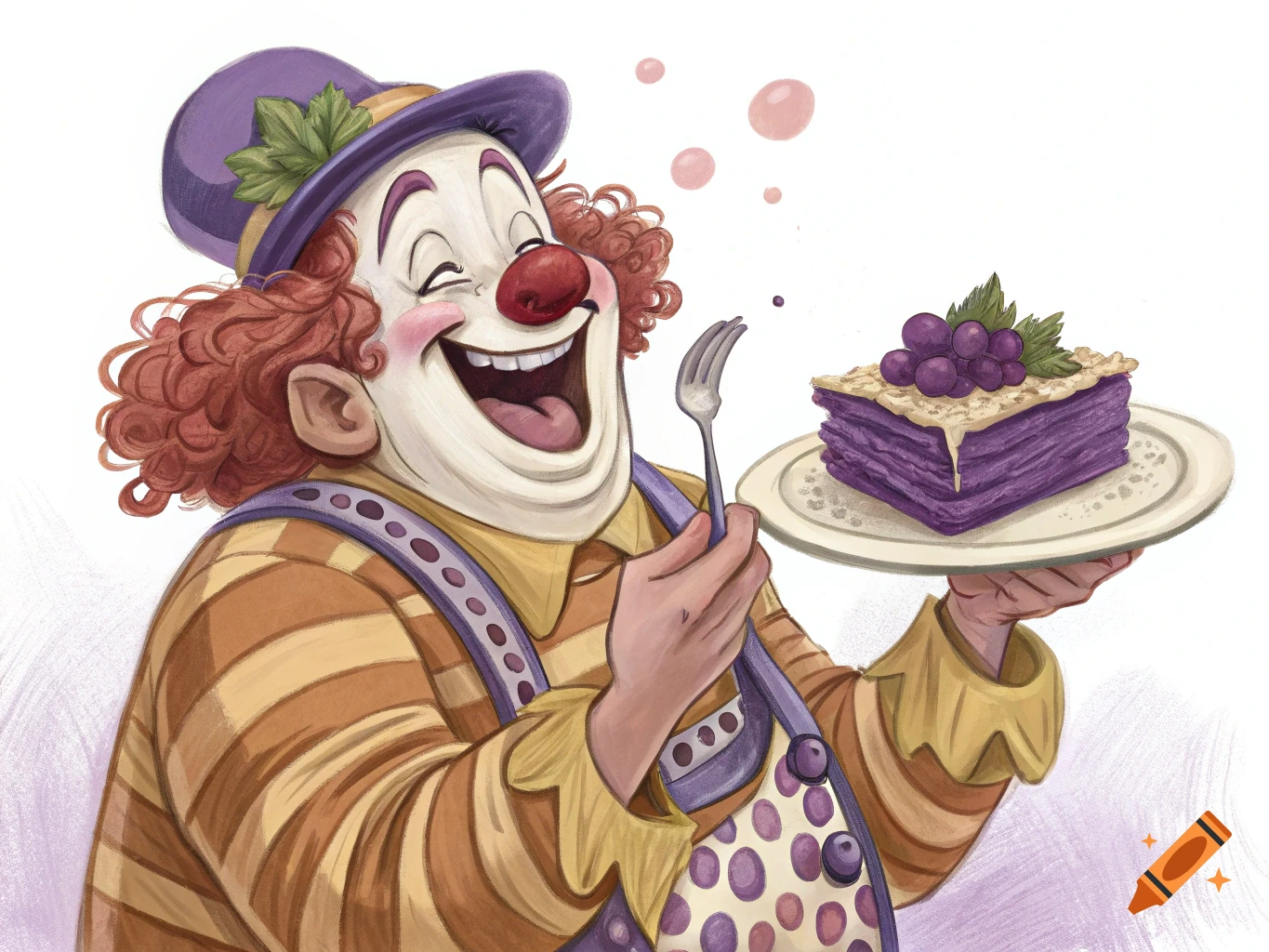Illustration of a happy clown holding a fork and a slice of purple cake ...
