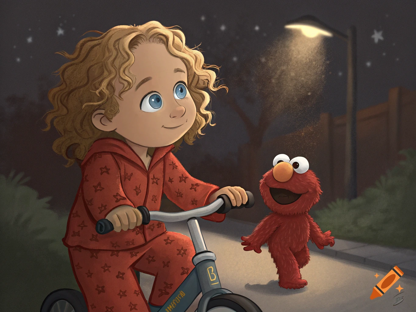 An illustration of a child on a bike next to Elmo under a street light ...