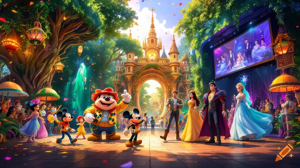 A vibrant, crowded theme park scene with cartoon characters like Mickey ...