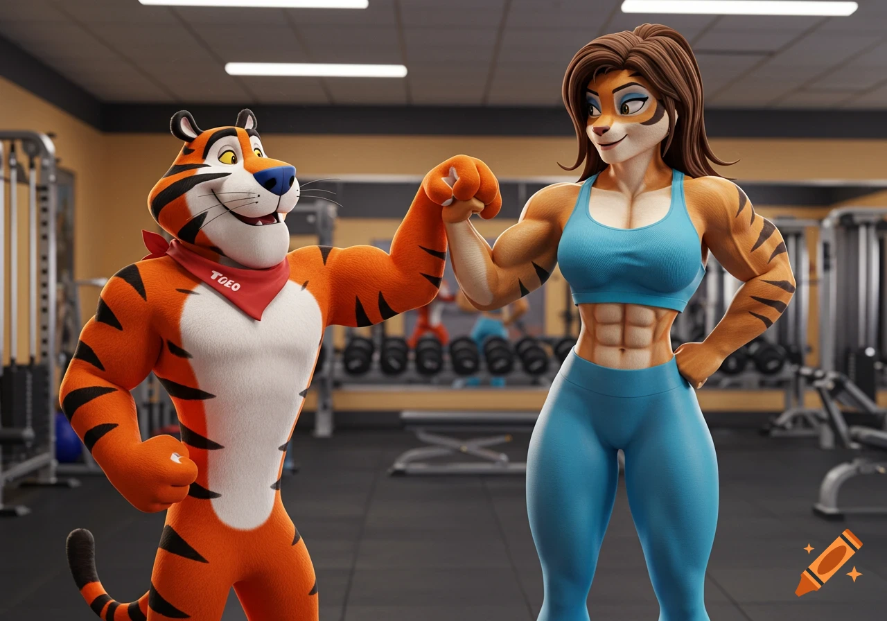 Tony the Tiger and a muscular female tigress flex muscles in a gym, 3D ...