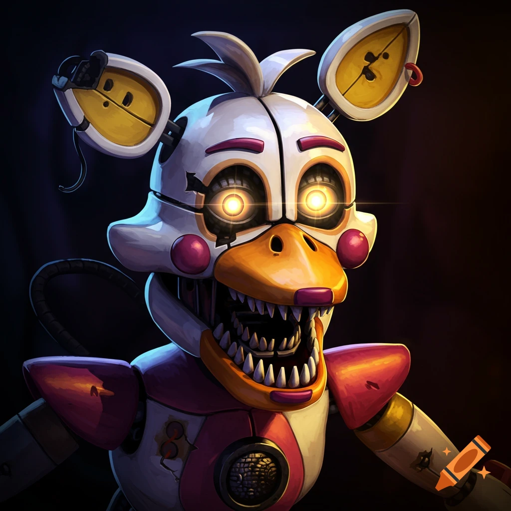 A detailed digital painting of a scary animatronic duck character with ...