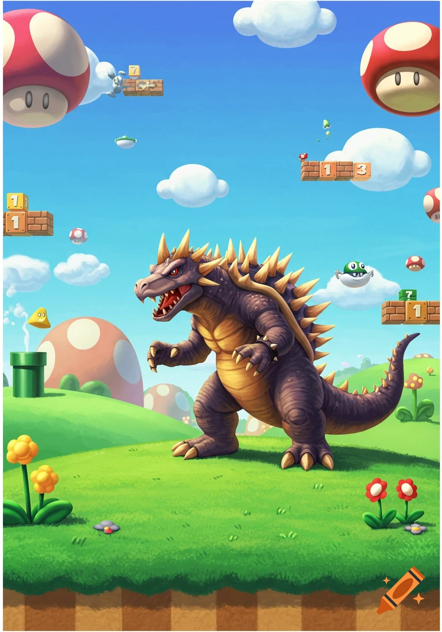 Anguirus-like creature in a Super Mario Bros. world. on Craiyon