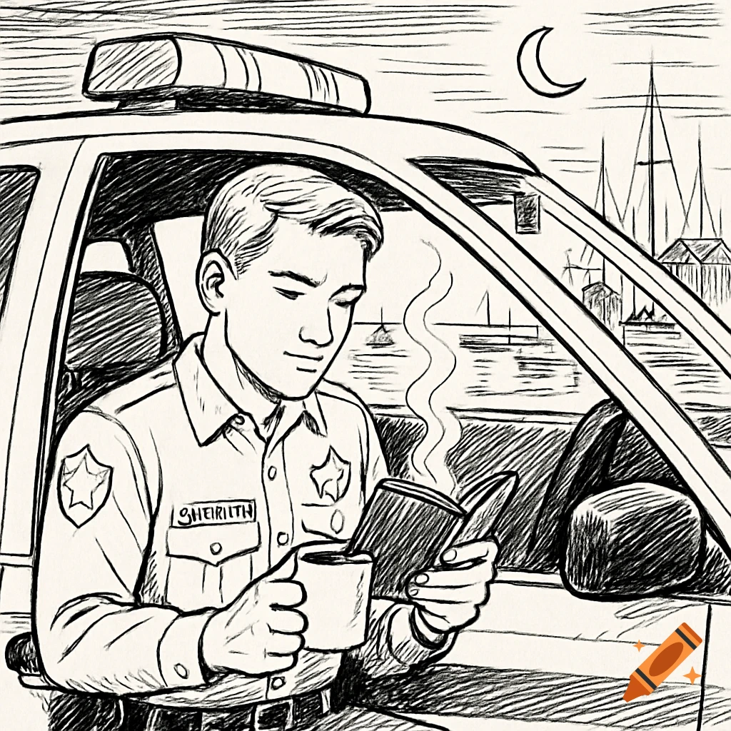 A hand-drawn sketch of a sheriff's deputy reading a book in a police ...