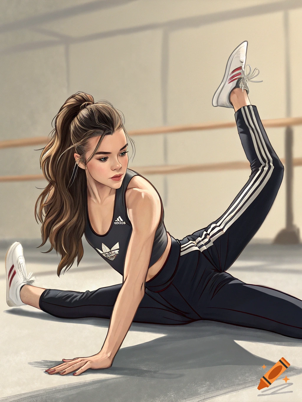 Stylized illustration of a woman in athletic wear doing a split in a ...