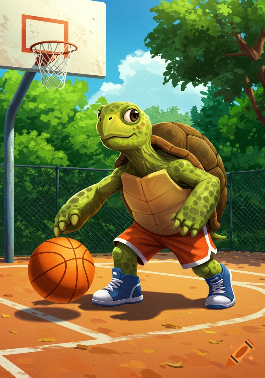 Cartoon illustration of a turtle playing basketball on an outdoor court ...