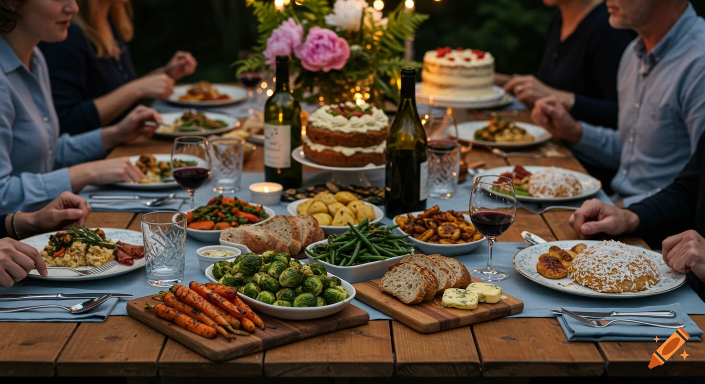 A warm, cinematic photograph of people dining at a long wooden table ...