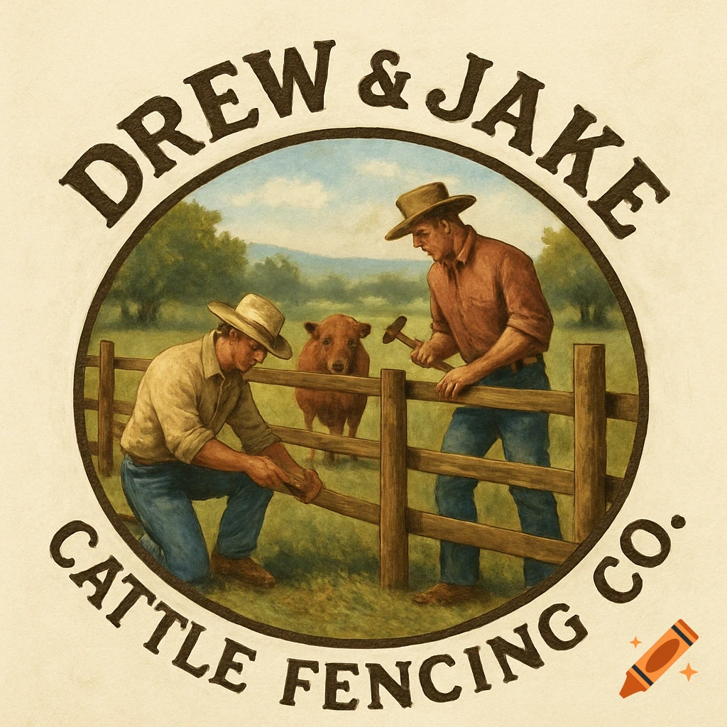 Illustrated logo of two men building a fence with a calf, text 'Drew ...