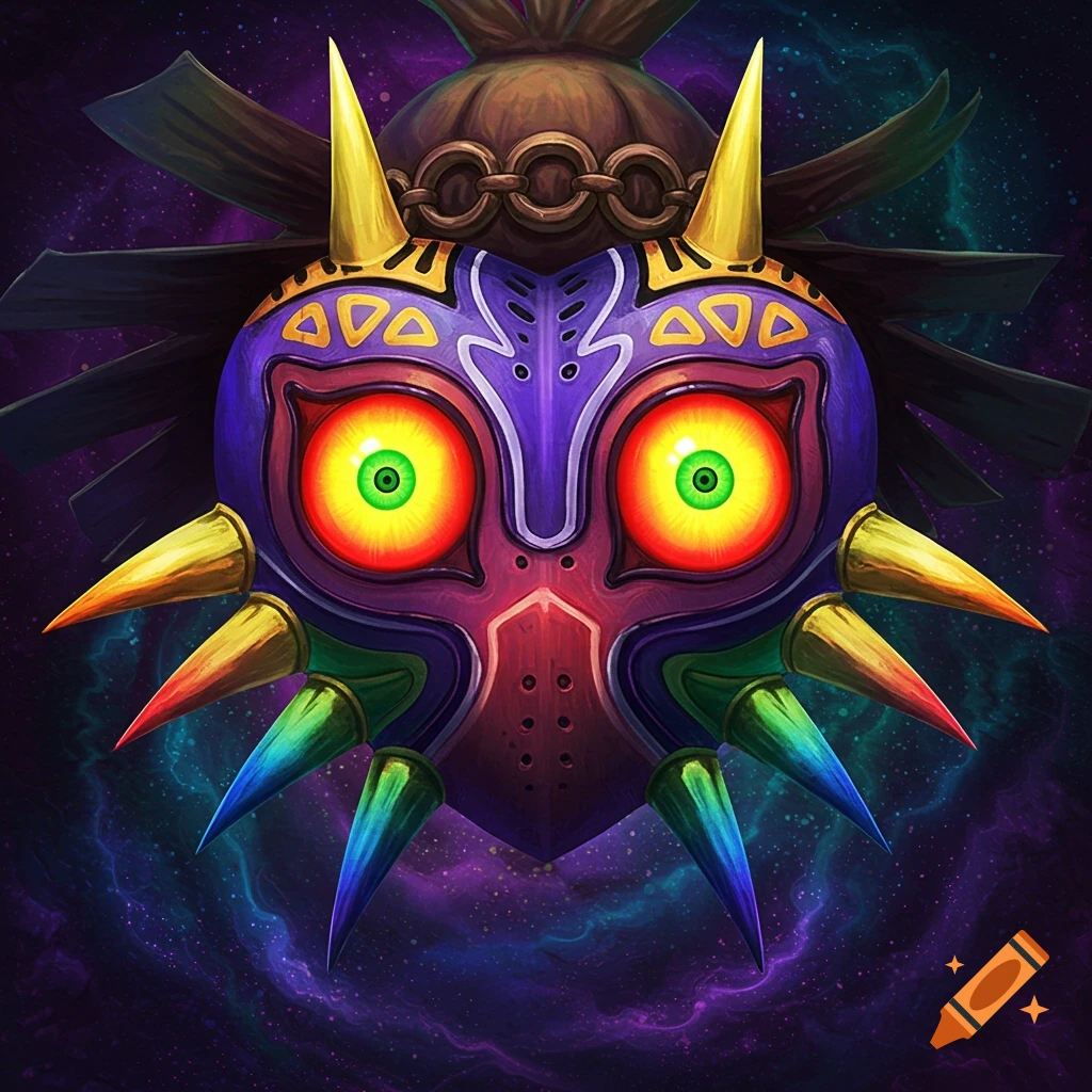Close-up of the colorful, spiky Majora's Mask with glowing eyes against ...