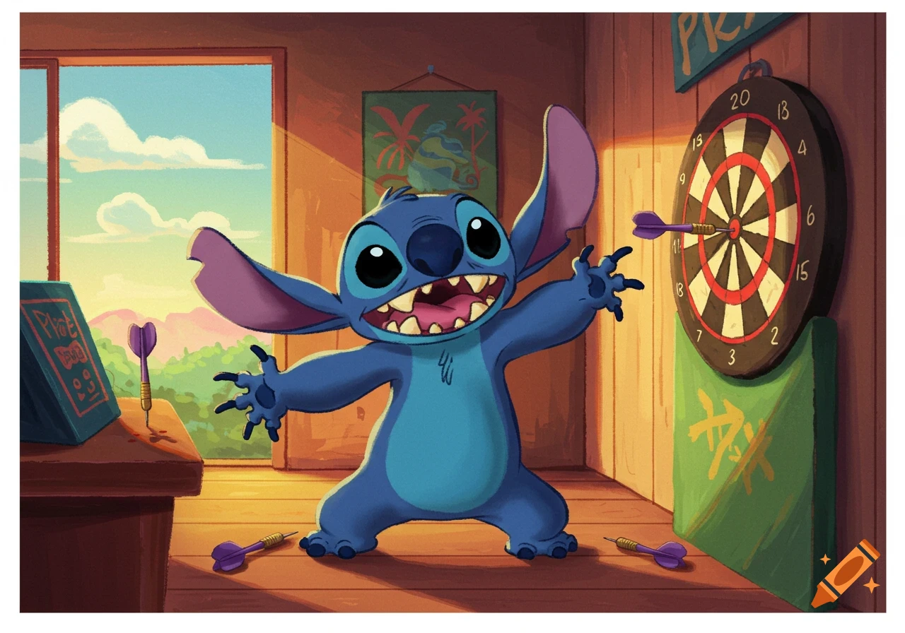 Cartoon character Stitch throws a dart at a dartboard in a brightly lit ...
