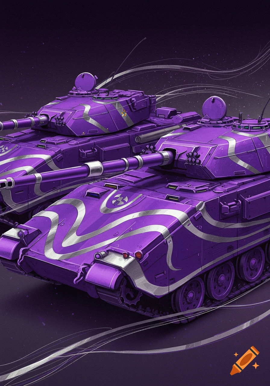 Two purple tanks with silver swirling stripes in a stylized, dark ...