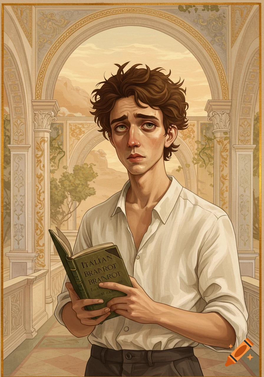 Illustration of a young man with messy hair holding a green book in a ...