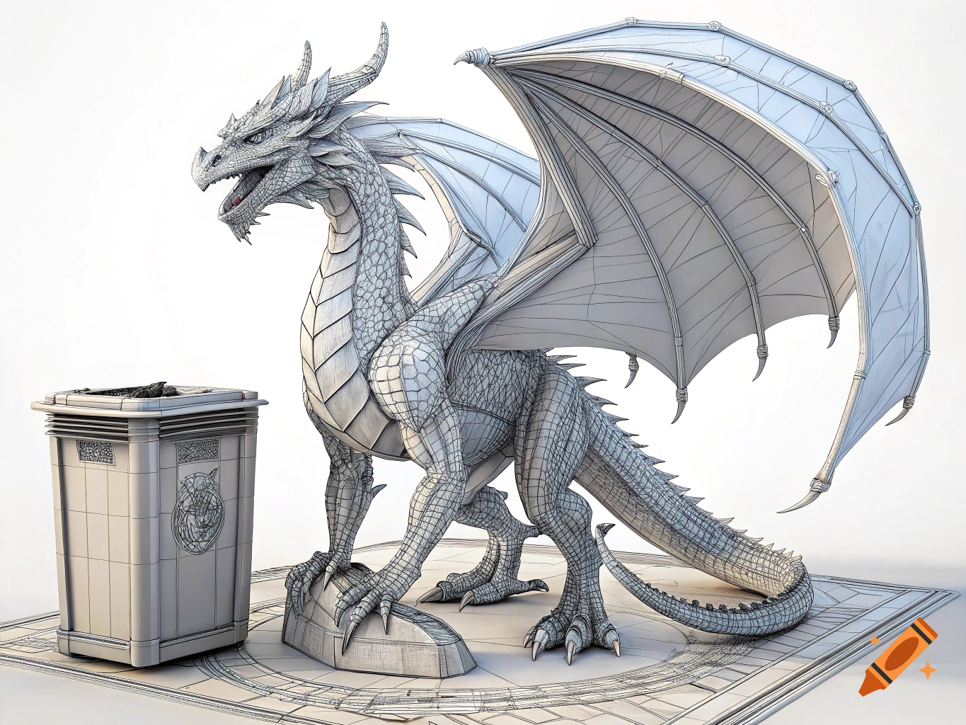 Silver dragon sculpture in a wireframe blueprint style next to a trash ...