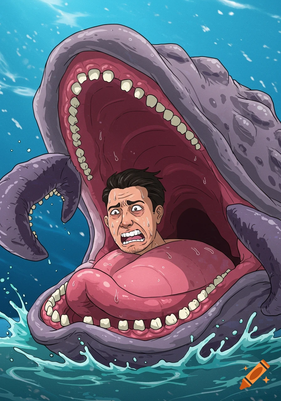 Cartoon illustration of a man swallowed by a giant sea creature. on Craiyon