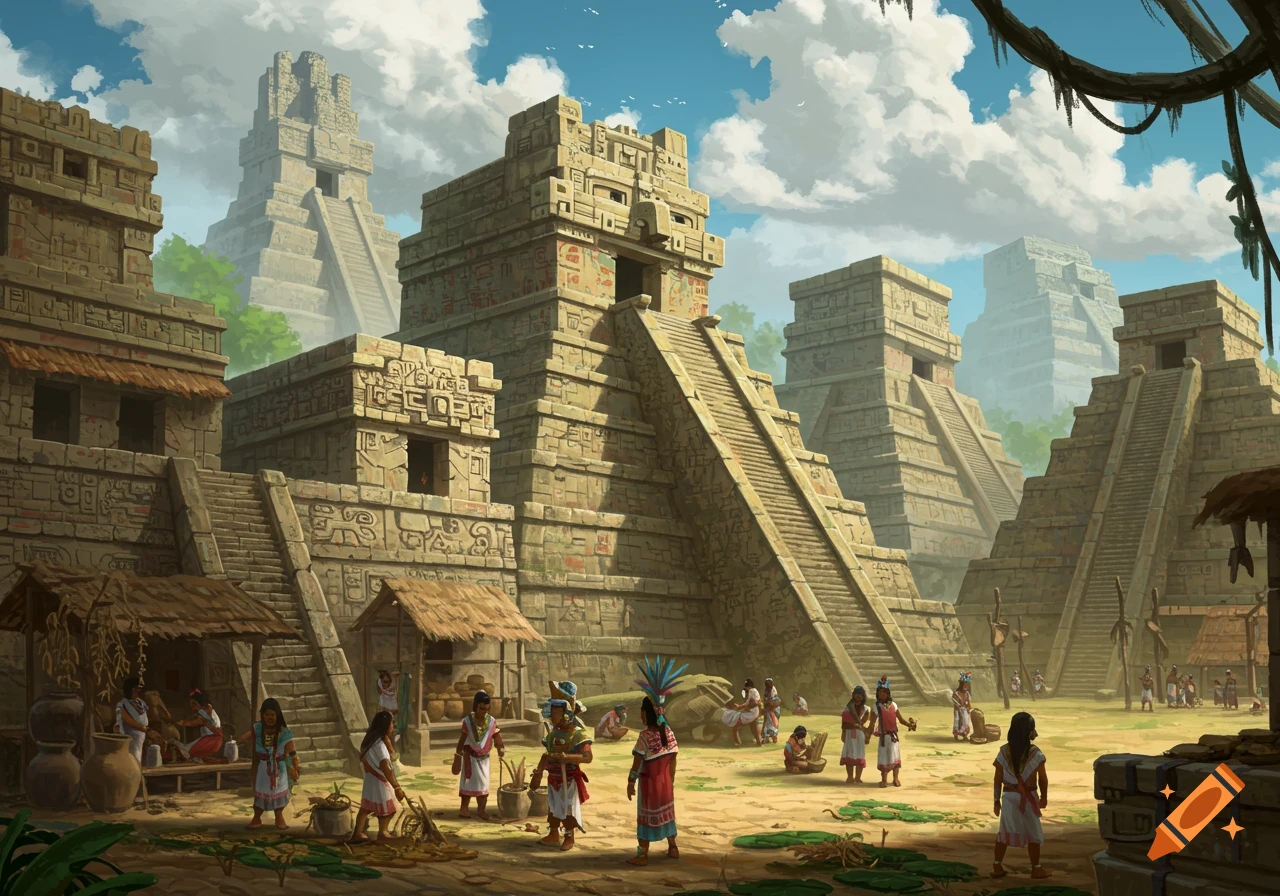 View of an ancient Mayan city with large stone pyramids, buildings with ...