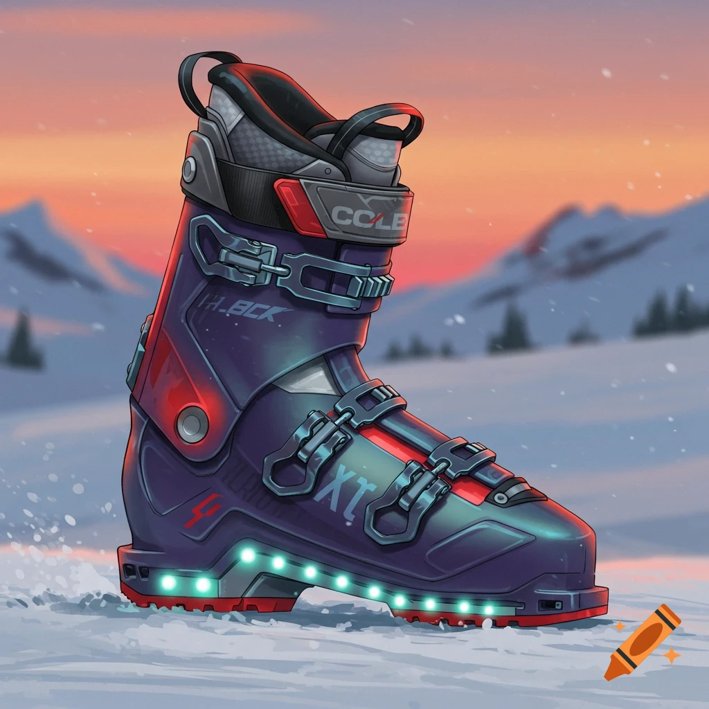 Digital illustration of a futuristic purple and red ski boot with ...