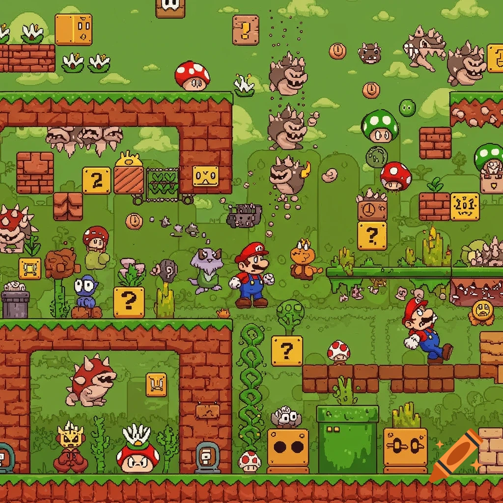 A crowded pixel art scene in the style of Super Mario Bros, featuring ...