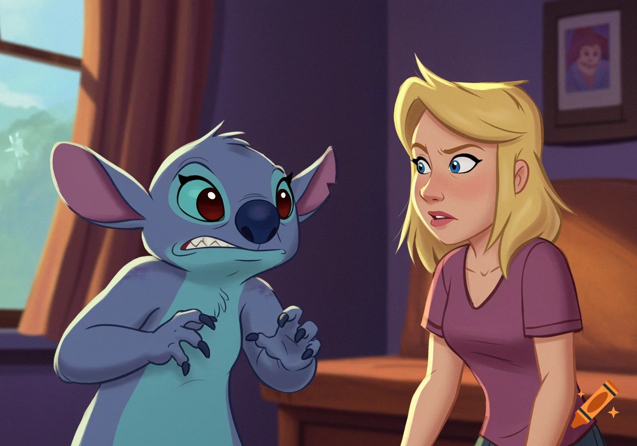 Cartoon animation of a blue alien like Stitch looking angry at a blonde ...