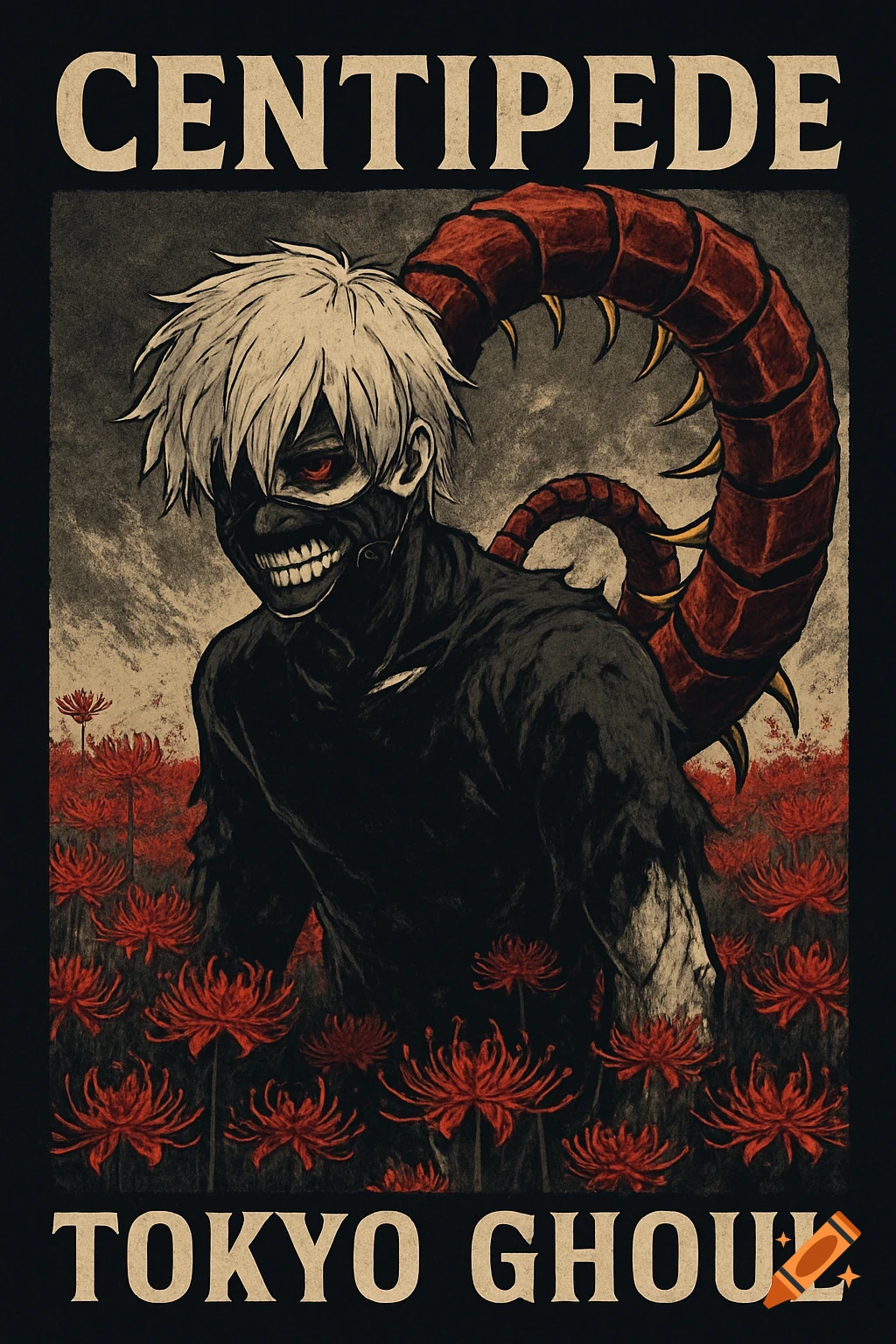 Anime illustration of masked character with centipede tail in red ...
