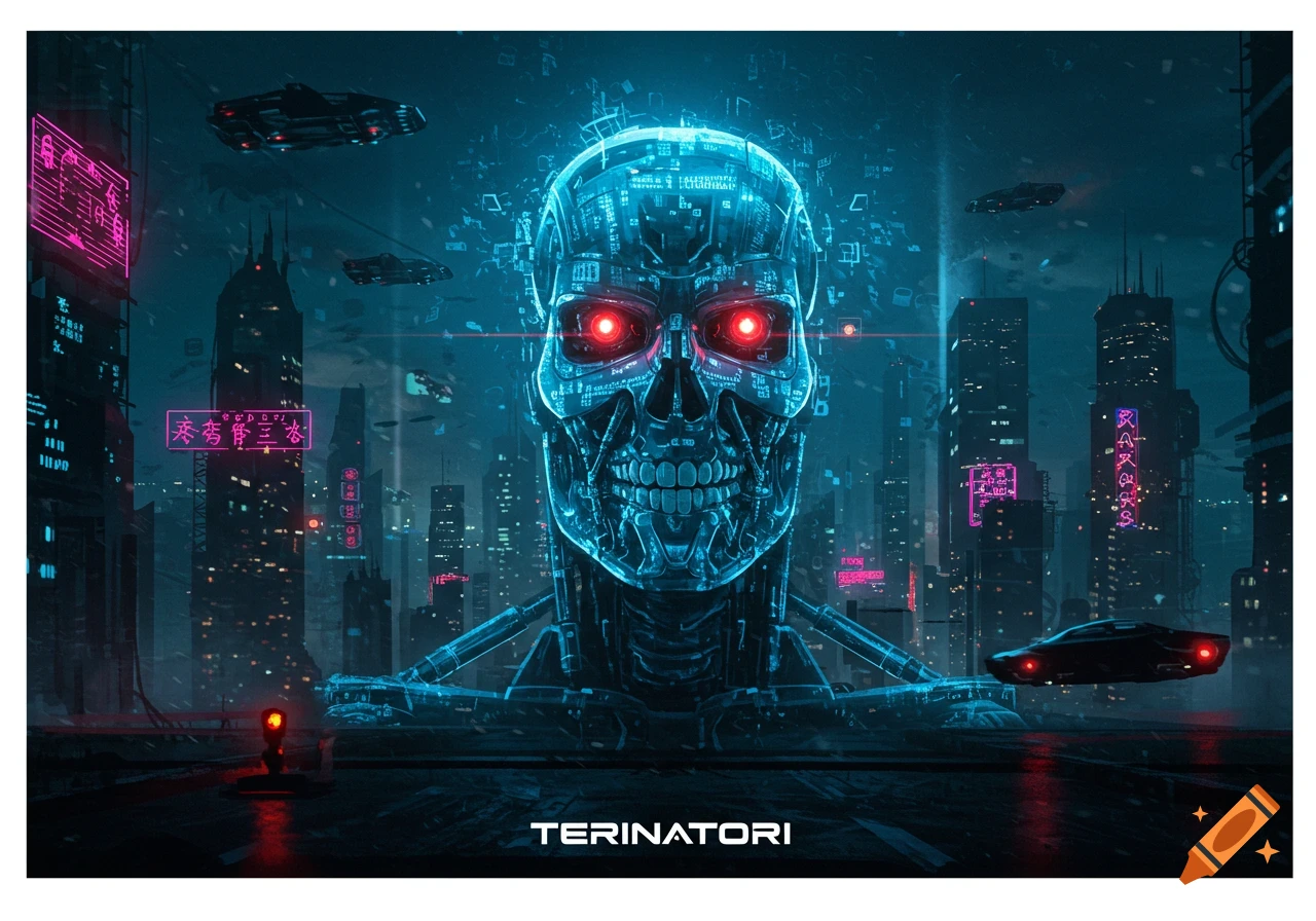 A robotic skull with red eyes overlooks a futuristic cyberpunk city. on ...