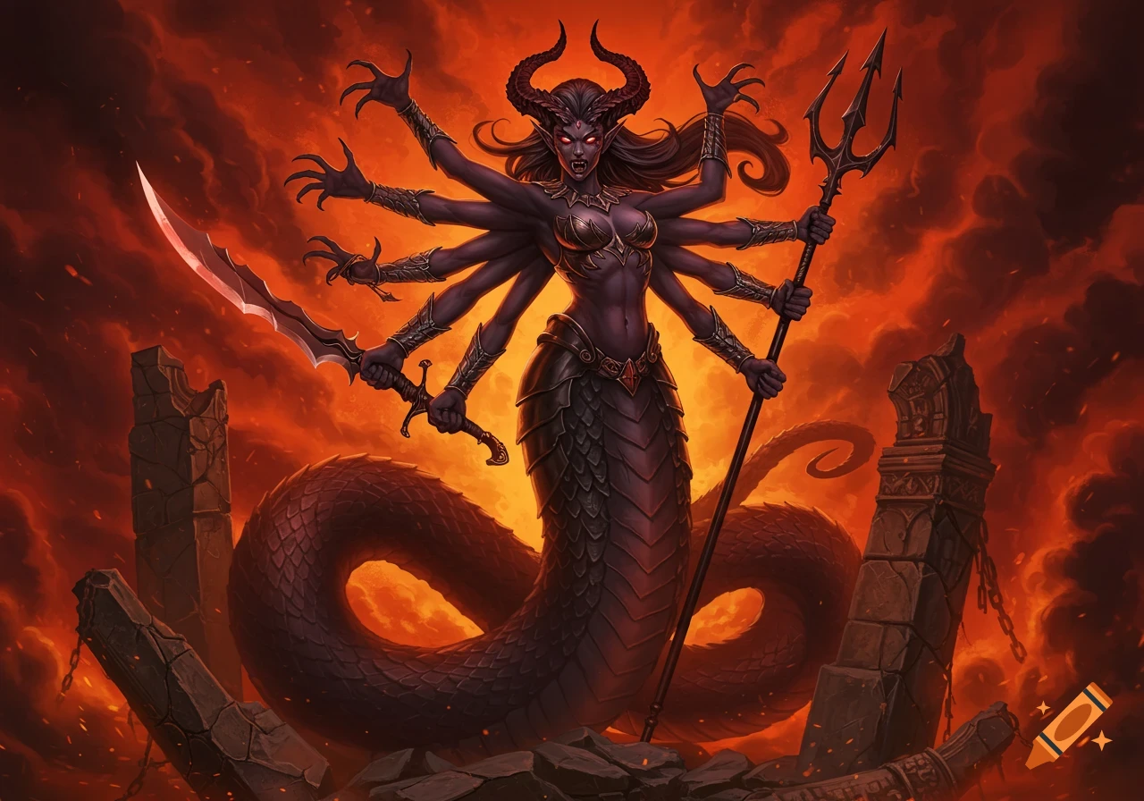 A multi-armed, snake-bodied demon stands in a fiery landscape holding a ...