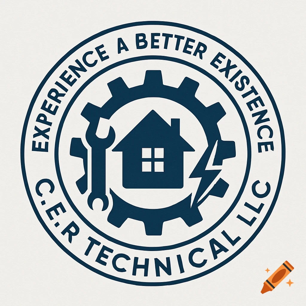 Logo for C.E.R Technical LLC with a house, gear, wrench, and lightning ...