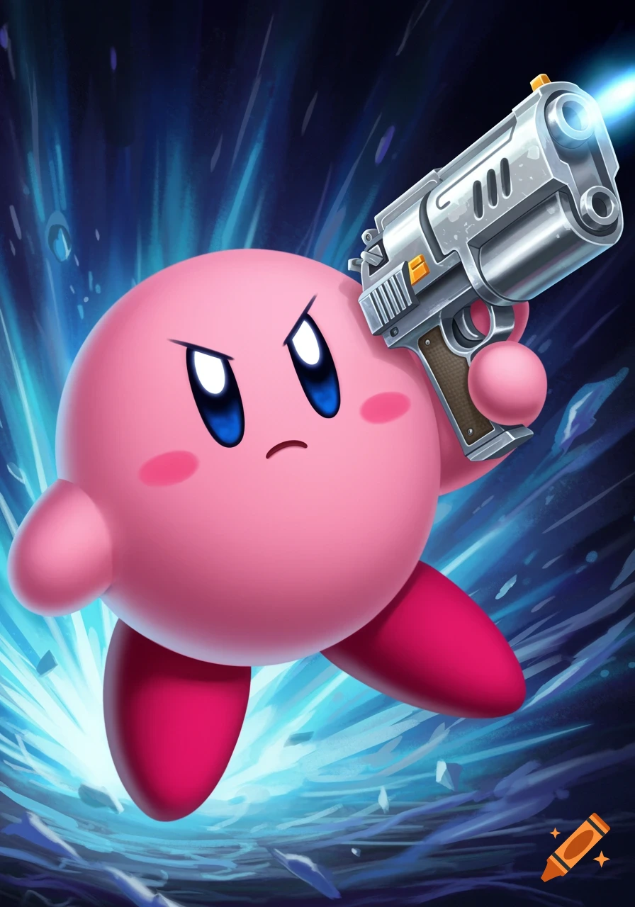 Kirby, the pink character, holding a realistic gun in a dynamic ...