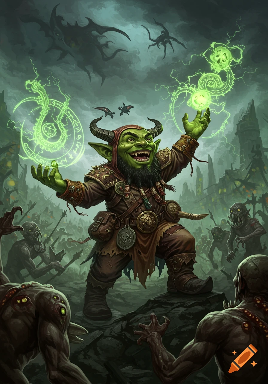 A cheerful green goblin casts green magic in a ruined city, surrounded ...