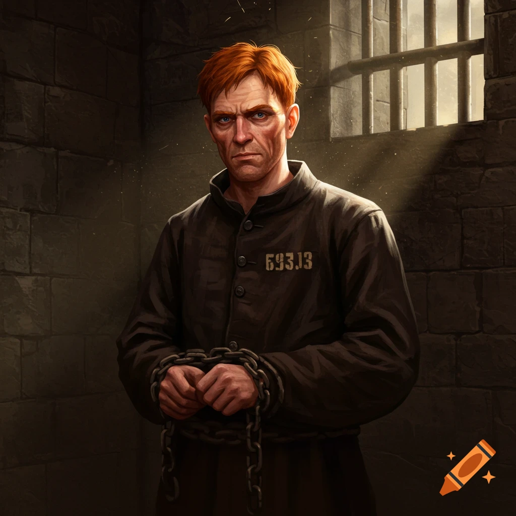 Realistic portrait of a ginger man in a prison uniform with chains in a ...