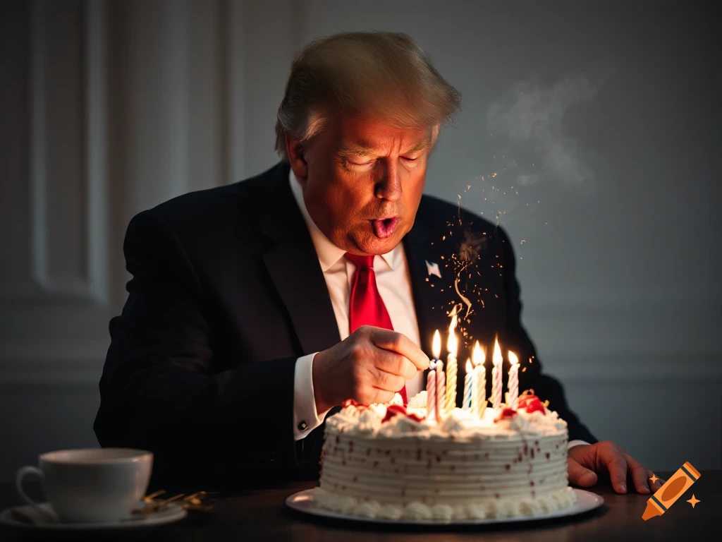 Donald Trump blowing out candles on a birthday cake. on Craiyon