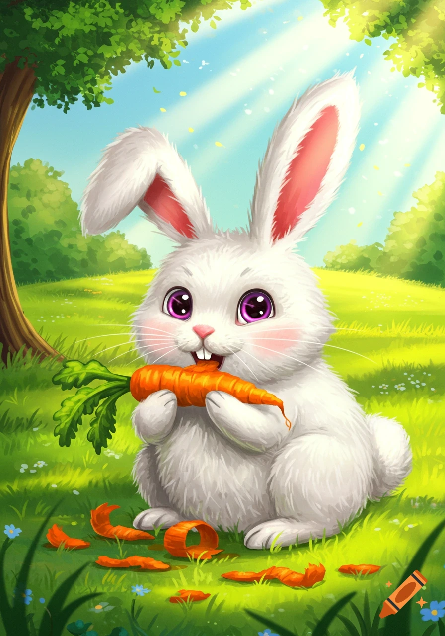 Cartoon rabbit eating a carrot in a sunny field on Craiyon