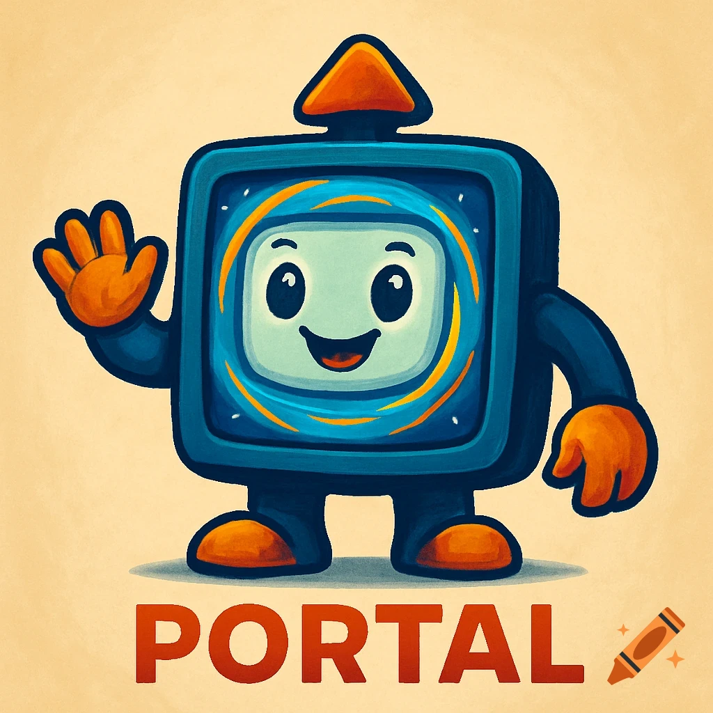Cartoon mascot character waving, with the word PORTAL below it. on Craiyon