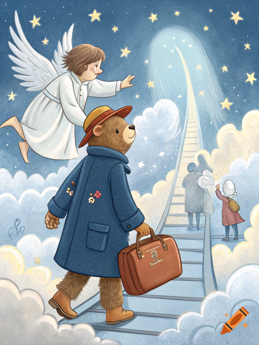 Paddington bear walking up a heavenly staircase towards a bright light ...