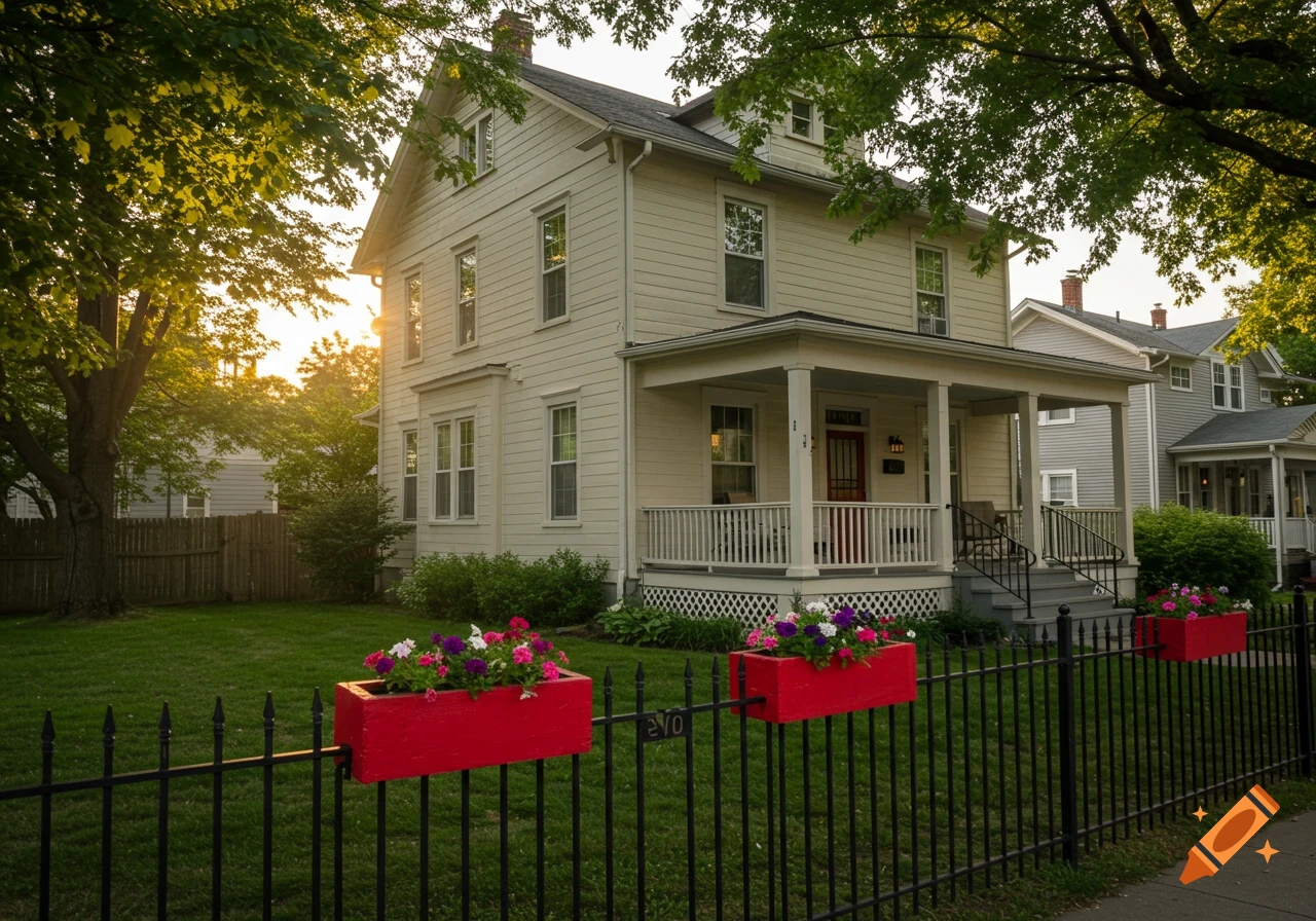 A light-colored suburban house with a porch and red flower boxes sits ...