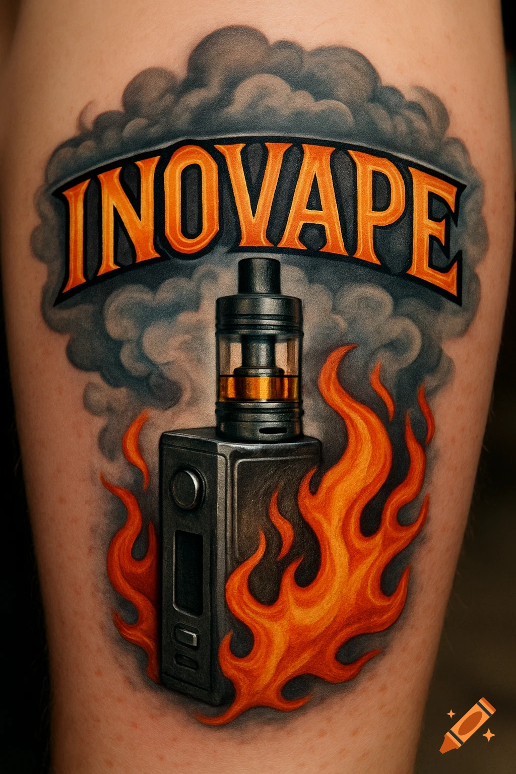 A tattoo of a vape mod with the text INOVAPE surrounded by smoke and ...