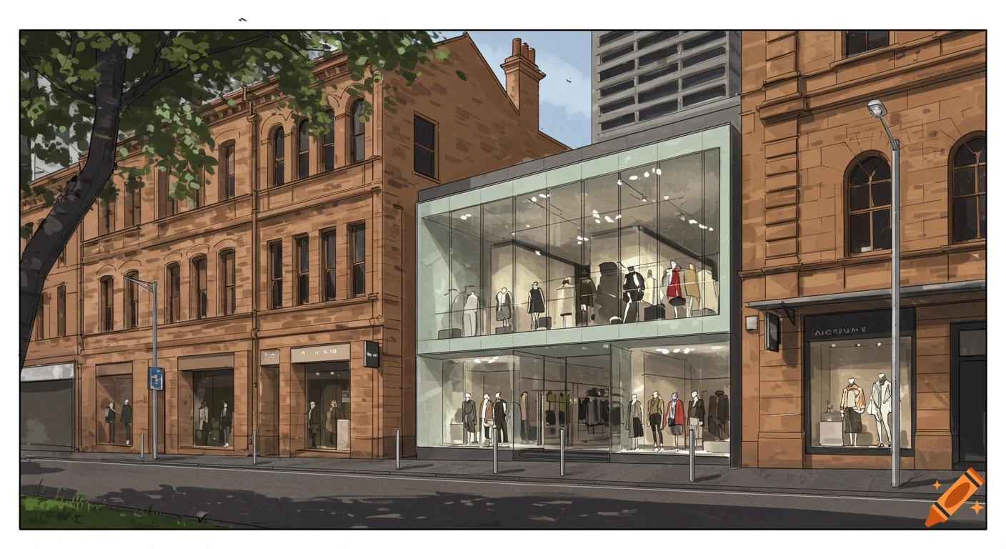 Street view of a modern glass fashion store between historic sandstone ...