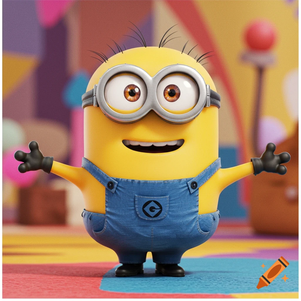 A happy minion stands with arms outstretched in a colorful room. on Craiyon