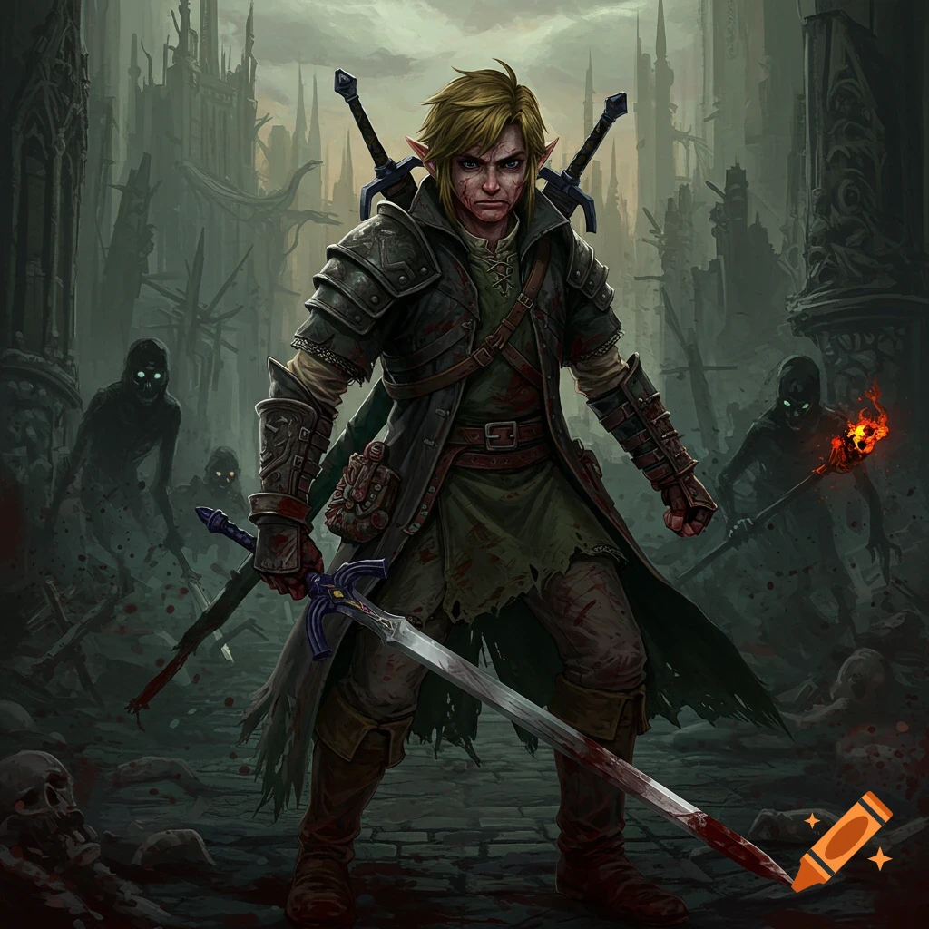 Link in a dark fantasy style standing among zombies with blood on his ...