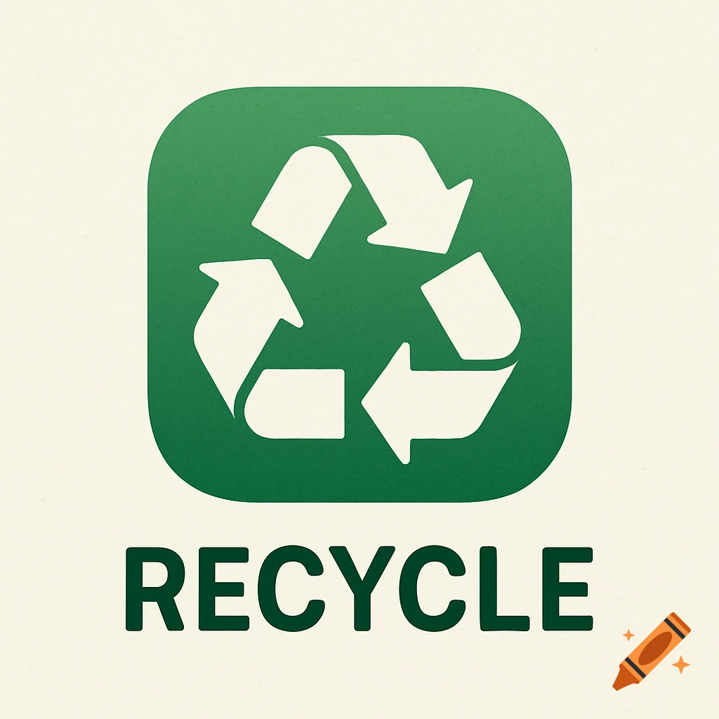 Green app icon with white recycling symbol and 'RECYCLE' text below. on ...