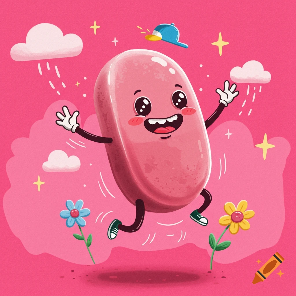 Cartoon pink pill character jumping among clouds and flowers on a pink ...