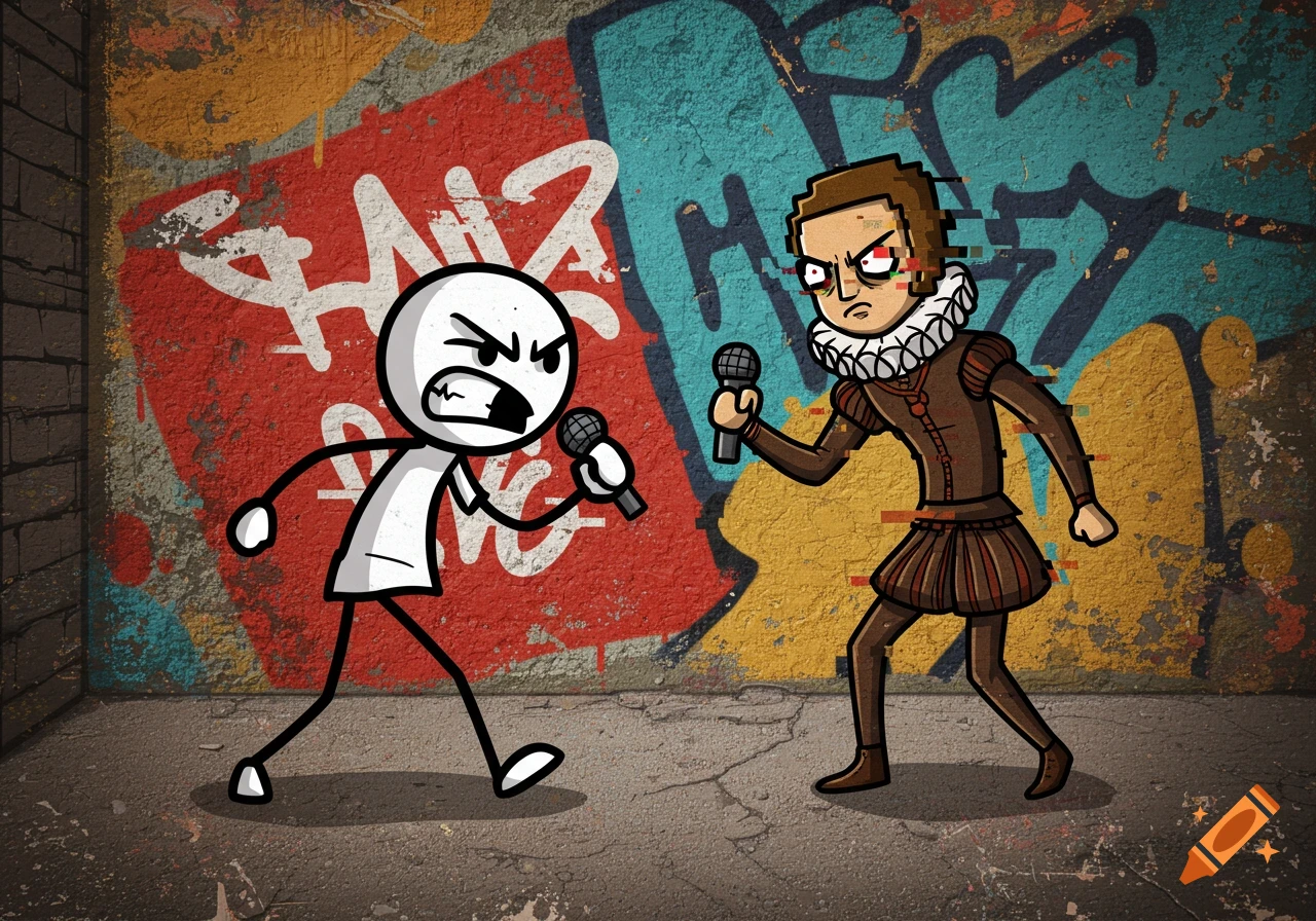 Cartoon stick figure and glitchy renaissance figure rap battling in ...