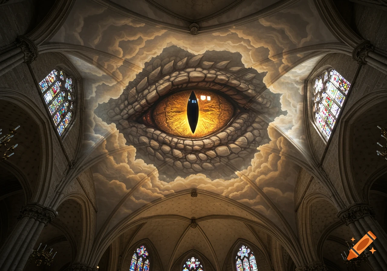 A large golden dragon eye painted on the vaulted ceiling of a gothic ...