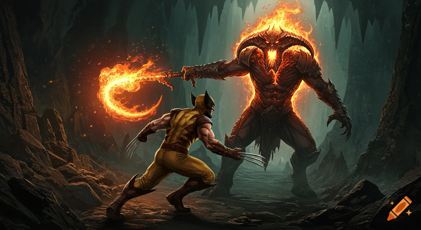 Wolverine fights a large fiery demon with a whip in a dark cave. on Craiyon