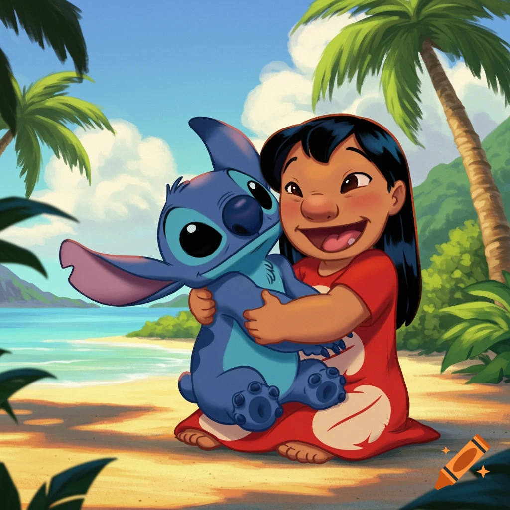 Lilo hugs Stitch on a tropical beach, cartoon illustration on Craiyon