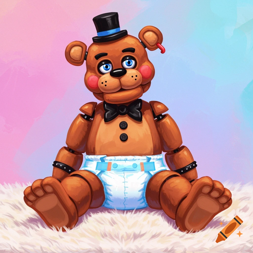 An illustration of Freddy Fazbear wearing a diaper, sitting on a fluffy ...
